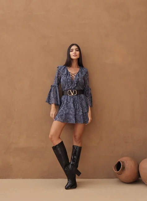 Vestido Renda Babado Francesa Azul - DOT