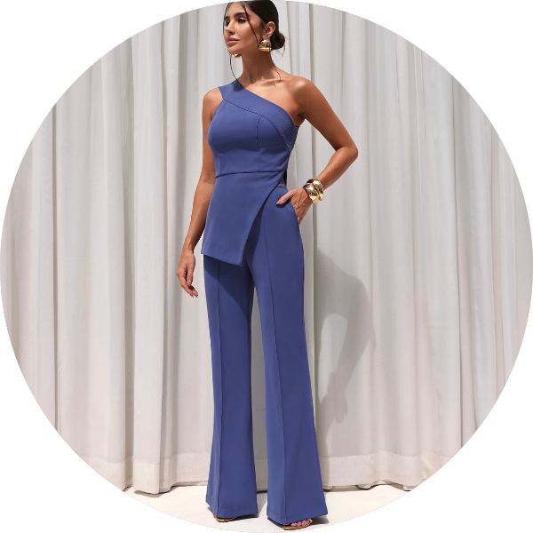 Conjunto Alfaiataria Blusa Assimétrica Pesponto Azul Ocean