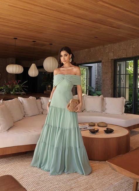 Vestido Longo Saia Camadas Verde Sage - DOT