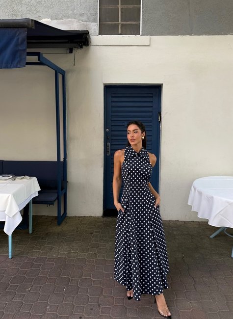 Vestido Frente Única Poá Azul Marinho - DOT